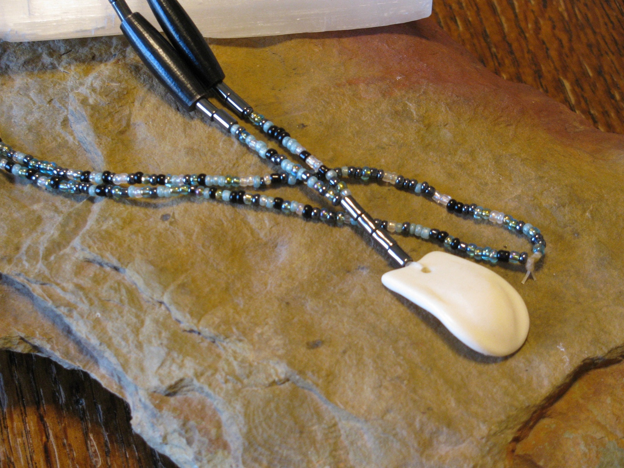 Faux Elk Tooth Necklace: Hematite, Bone, and Glass Bead Totem Jewelry ...