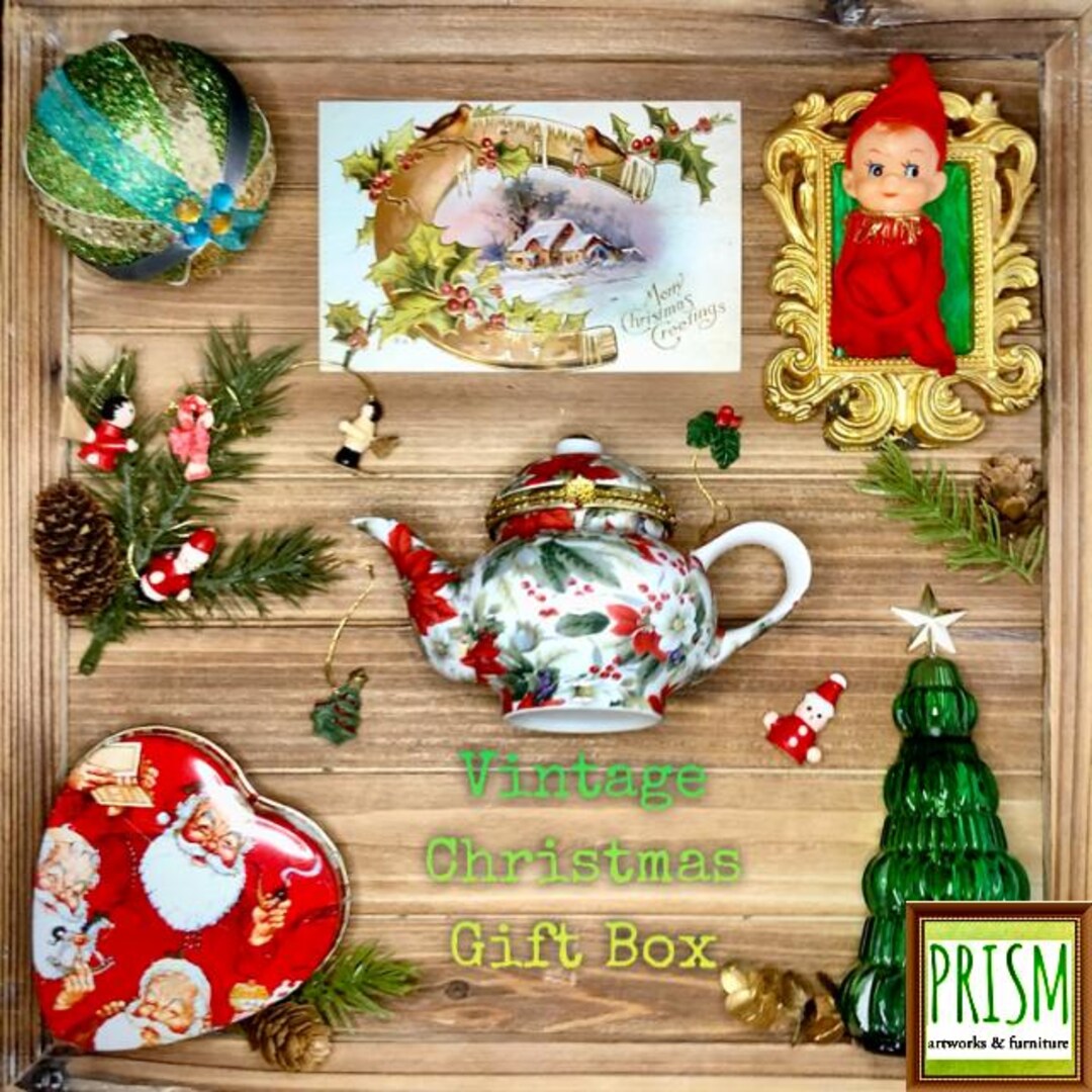Vintage Christmas Gift Box With Vintage Holiday Themed Collectibles and ...