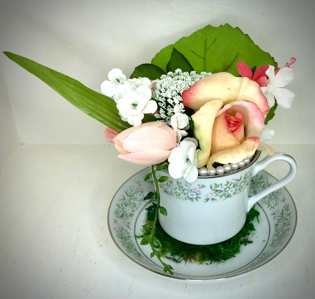 Vintage Teacup Spring Floral Bouquet Arrangement With Peacy Pink Roses ...