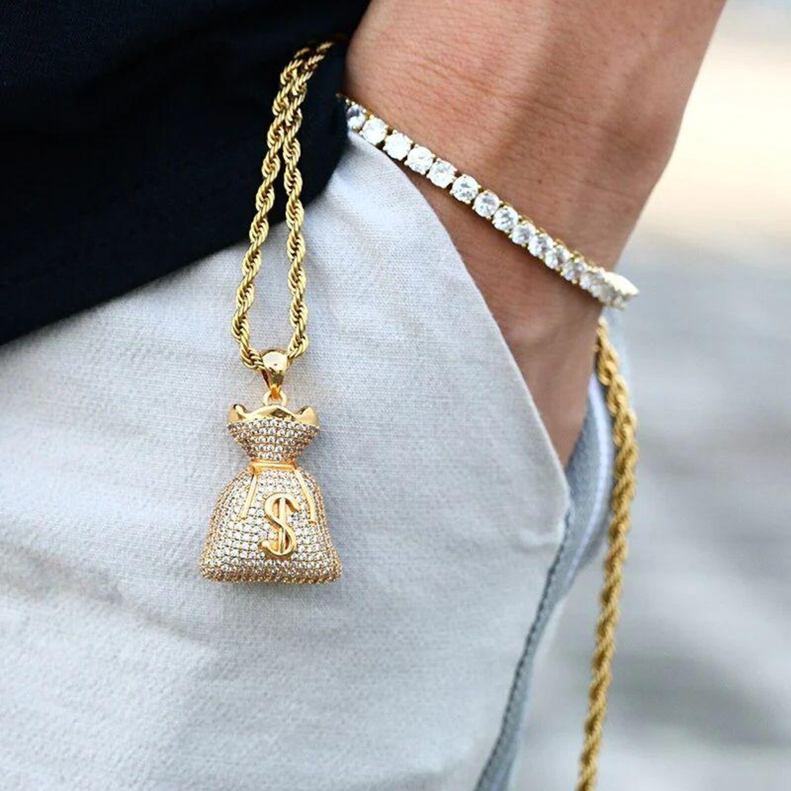 Dollar Sign Money Bag Pendant Iced Out VVS Moissanite Bling 925 Silver ...