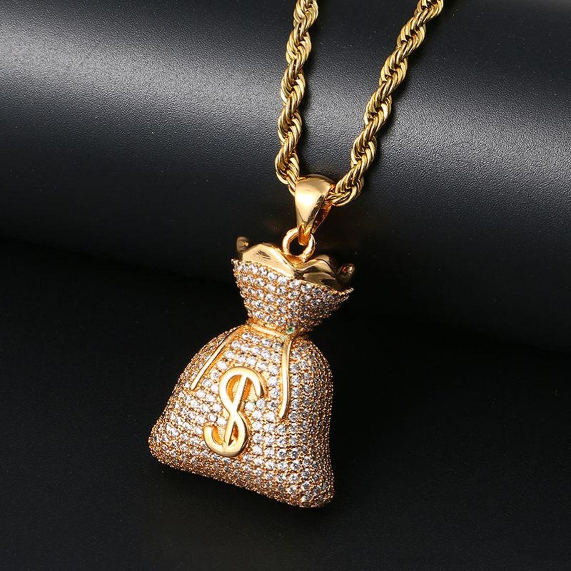 Dollar Sign Money Bag Pendant Iced Out VVS Moissanite Bling 925 Silver ...