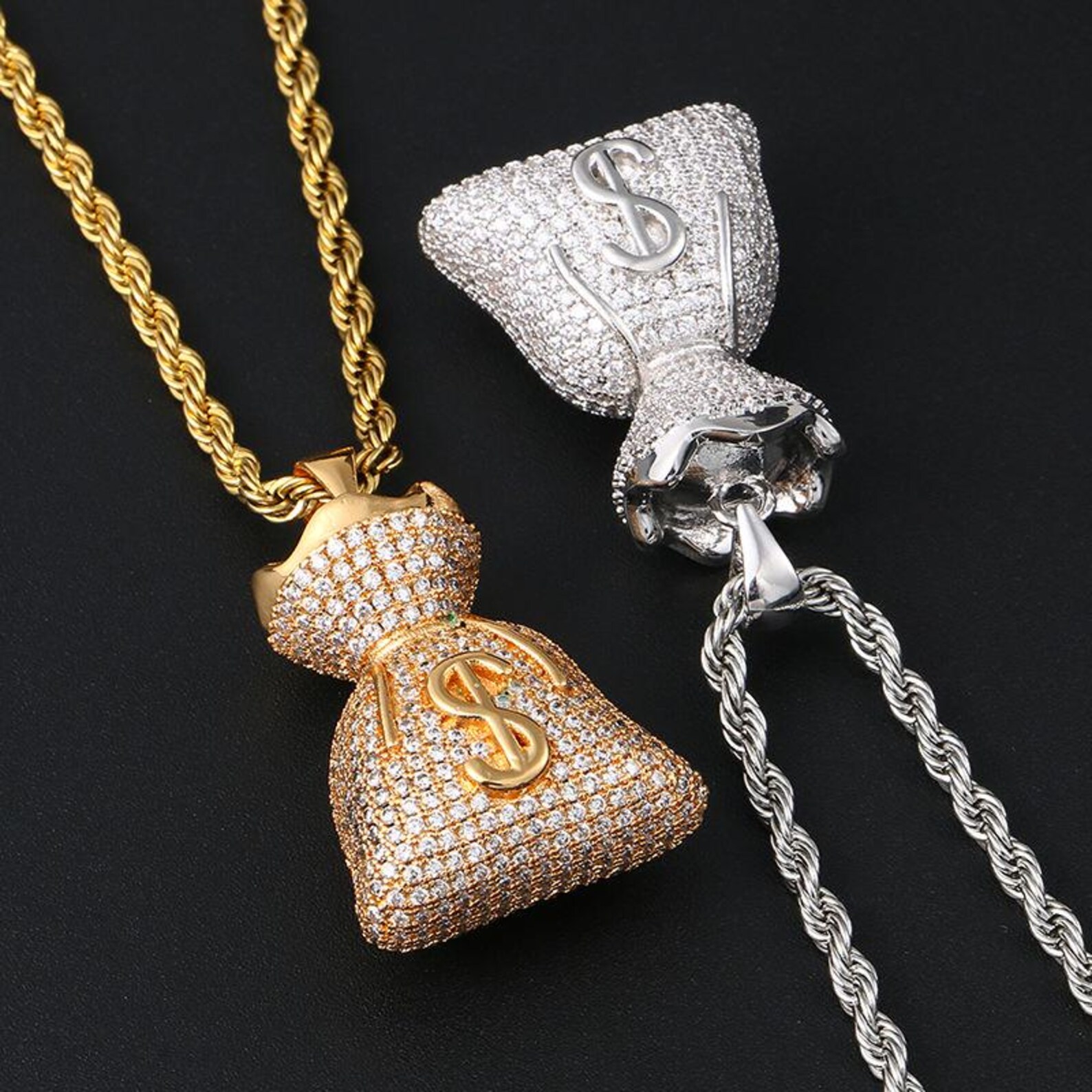 Dollar Sign Money Bag Pendant Iced Out VVS Moissanite Bling 925 Silver ...