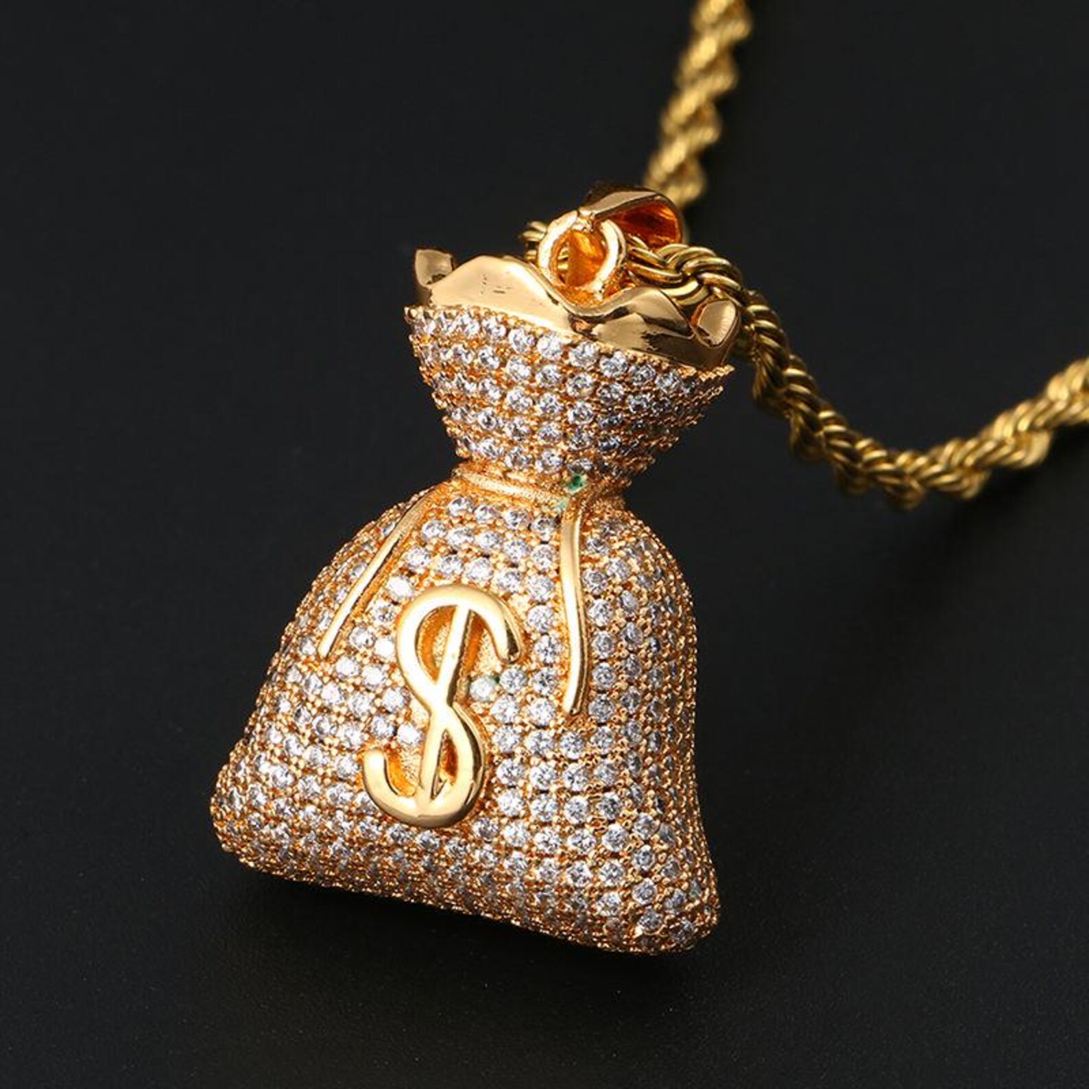 Dollar Sign Money Bag Pendant Iced Out VVS Moissanite Bling 925 Silver ...