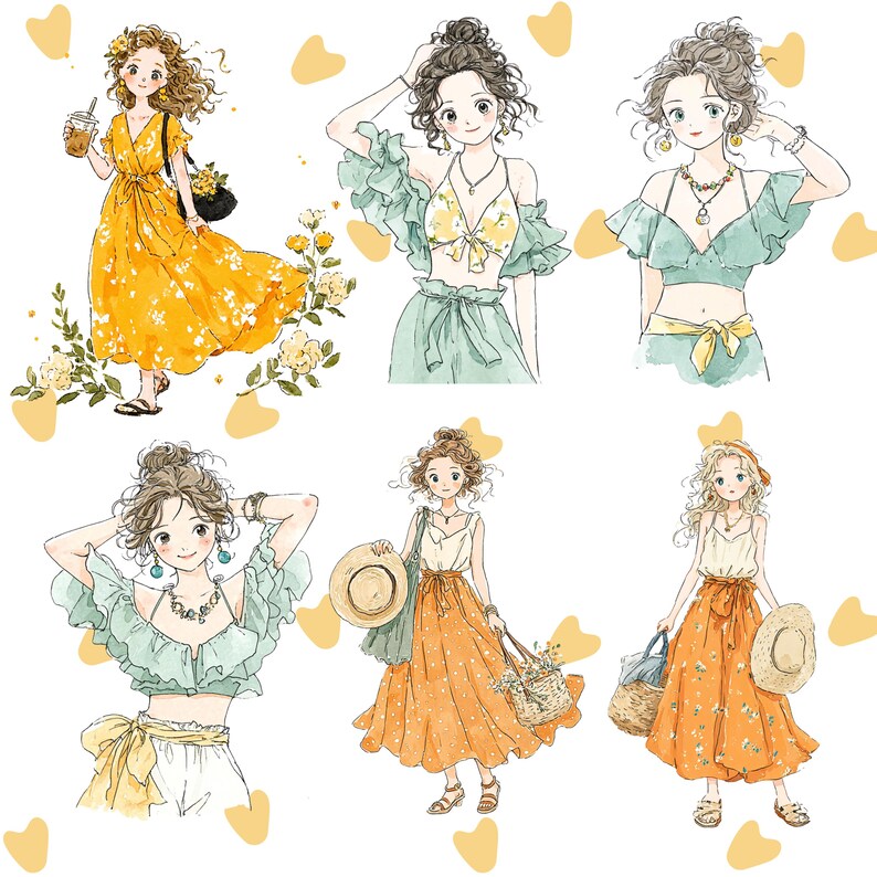 Cute Summer Girls, 52 Watercolor Clipart, Commercial Use Pngs, Planners ...