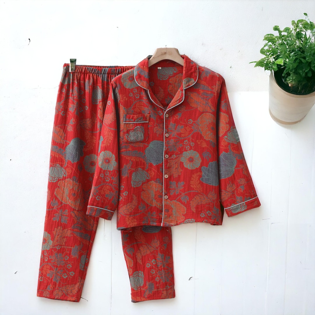 Floral Red Pajama Set | Womens Cotton Sleepwear | Autumn PJ Set ...
