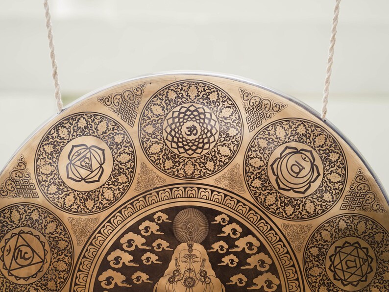 Handmade Tibetan Gong: Meditating Yogi & Chakra Engraving, Sound ...
