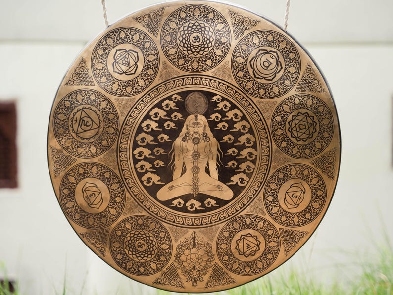 Handmade Tibetan Gong: Meditating Yogi & Chakra Engraving, Sound ...