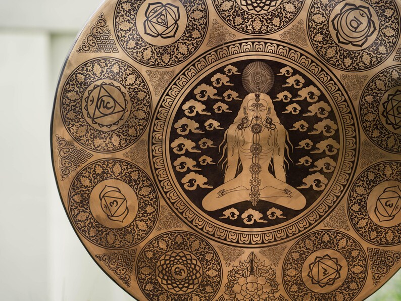 Handmade Tibetan Gong: Meditating Yogi & Chakra Engraving, Sound ...