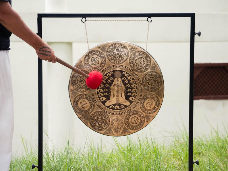 Handmade Tibetan Gong: Meditating Yogi & Chakra Engraving, Sound ...