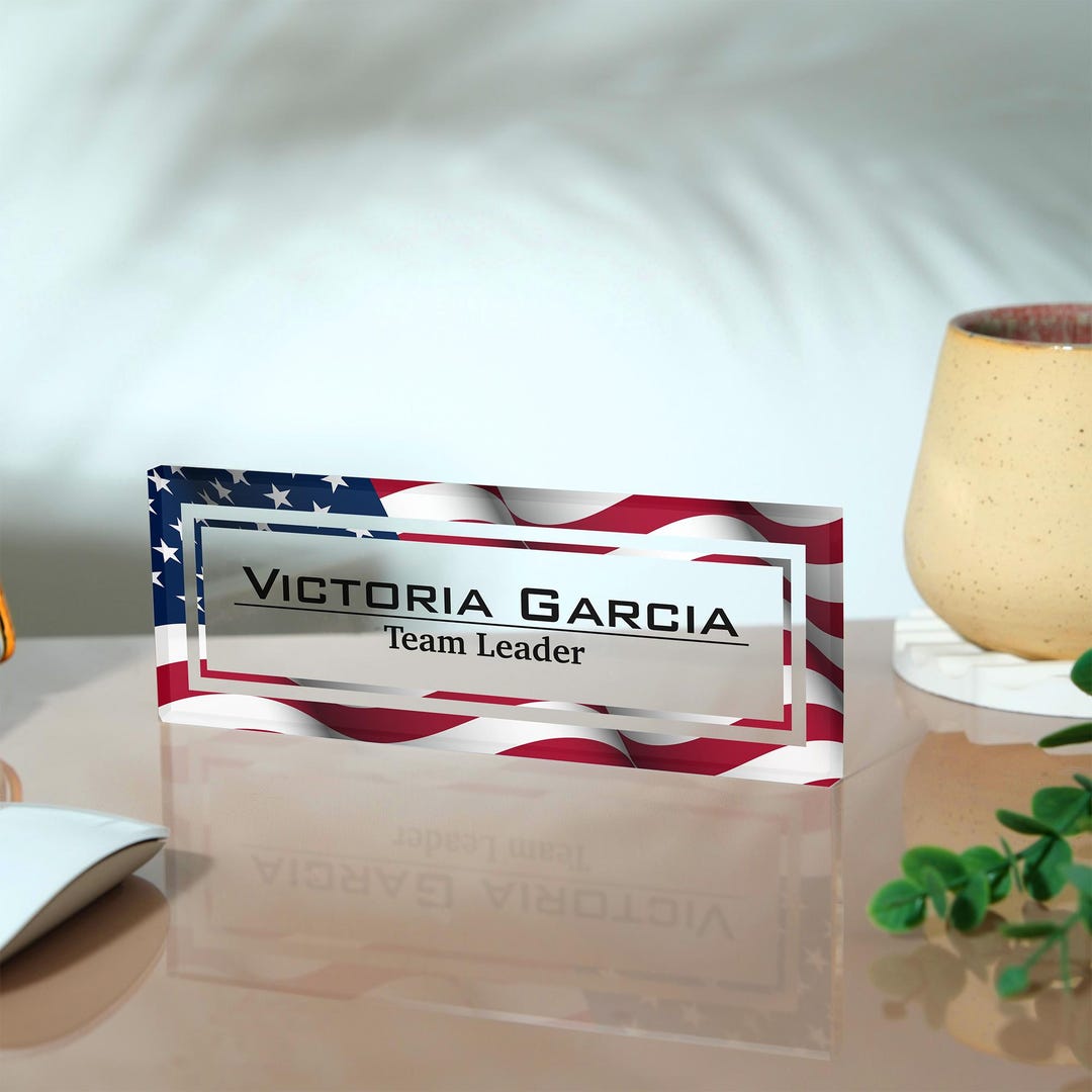 Personalized Acrylic Desk Name Plate With American Flag, Office Gift - Etsy