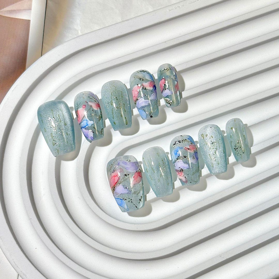 Pastel Blue Marble Press on Nails: Gold Foil Glitter Ombre - Etsy