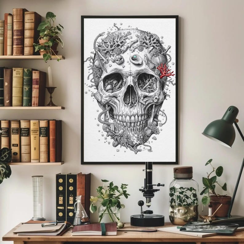 Coral Skull Print, Gothic Ocean Wall Art, Surreal Marine Sketch Poster ...