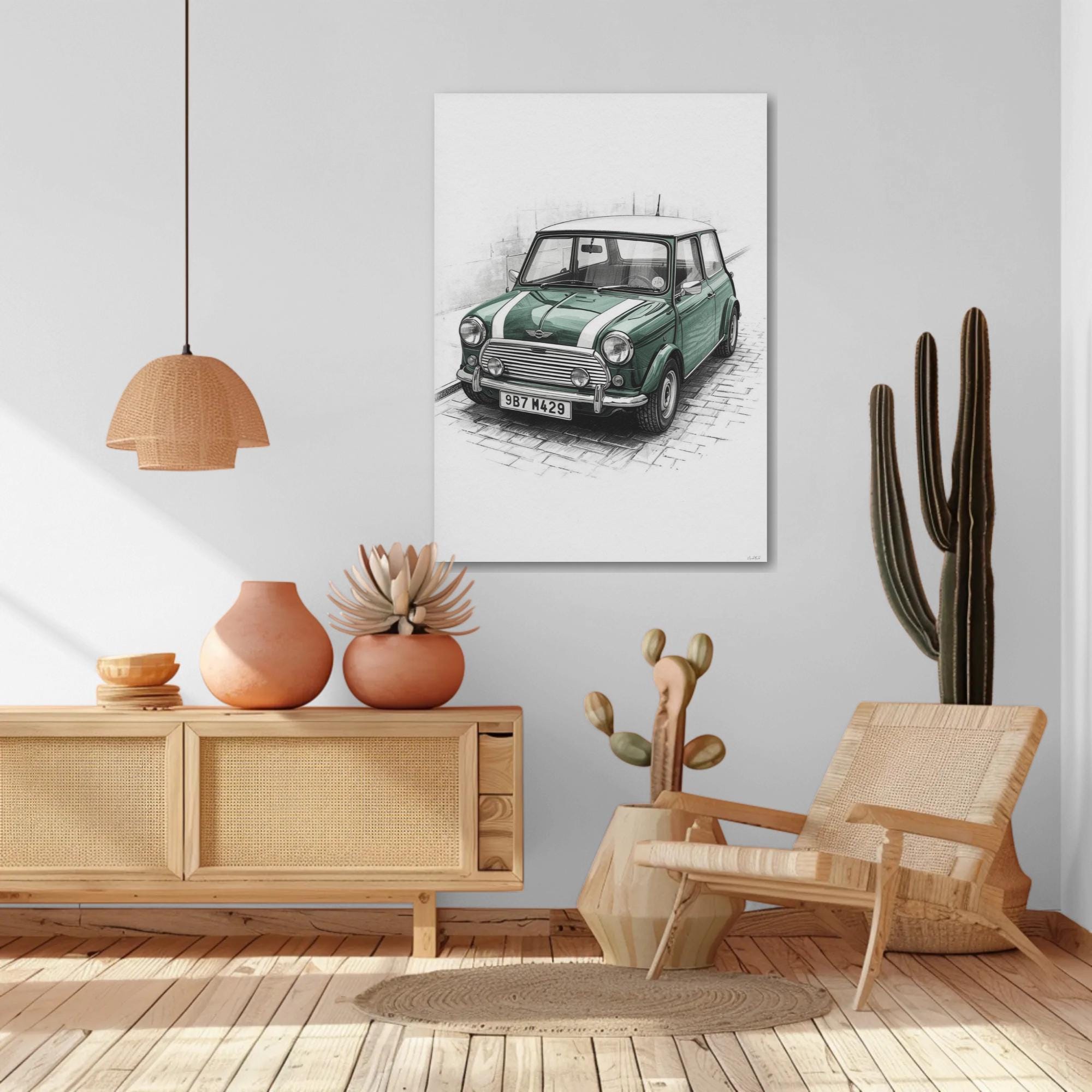 Classic Mini Cooper Wall Art – British Racing Green Sketch Poster With ...