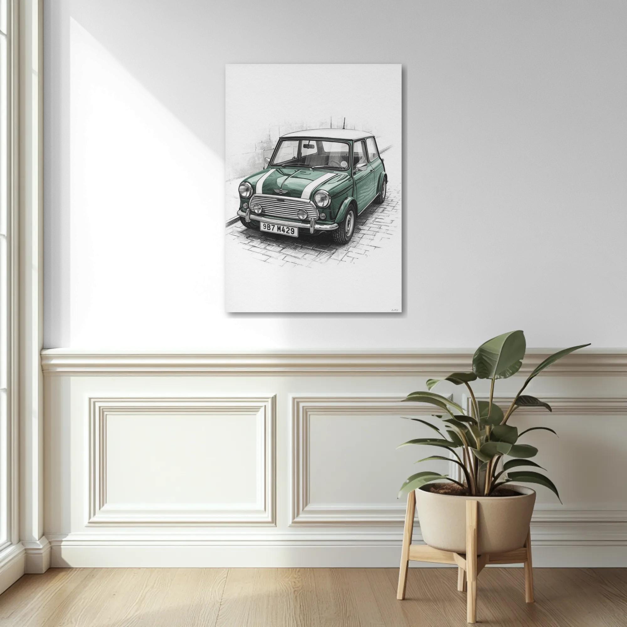 Classic Mini Cooper Wall Art – British Racing Green Sketch Poster With ...