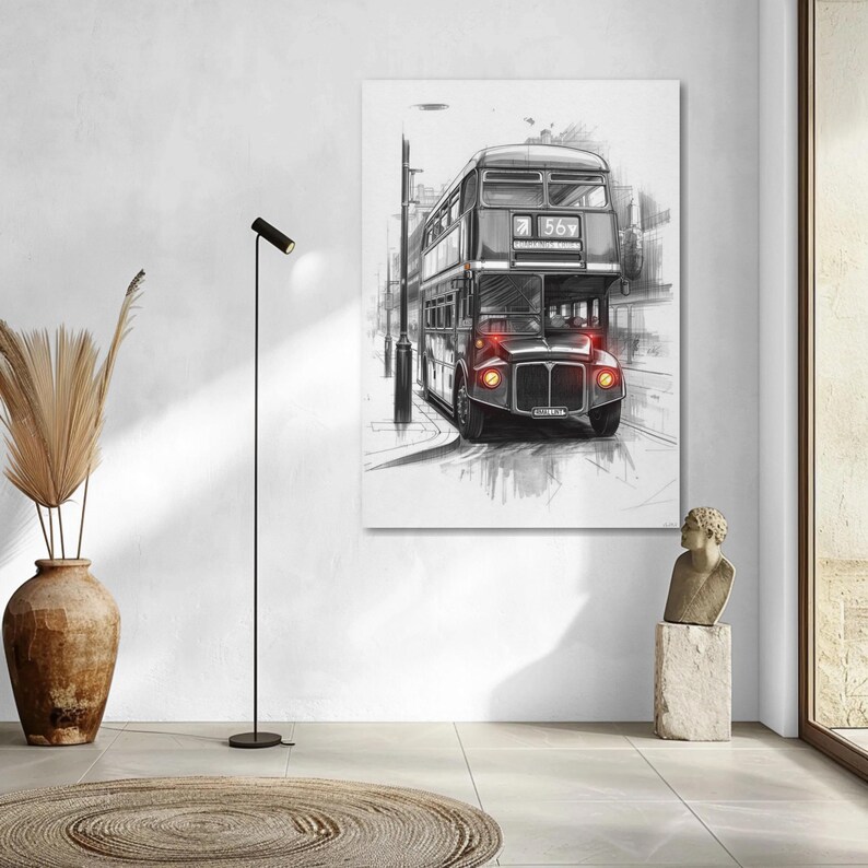 London Double Decker Bus Wall Art – Retro Sketch Poster With Red Light ...