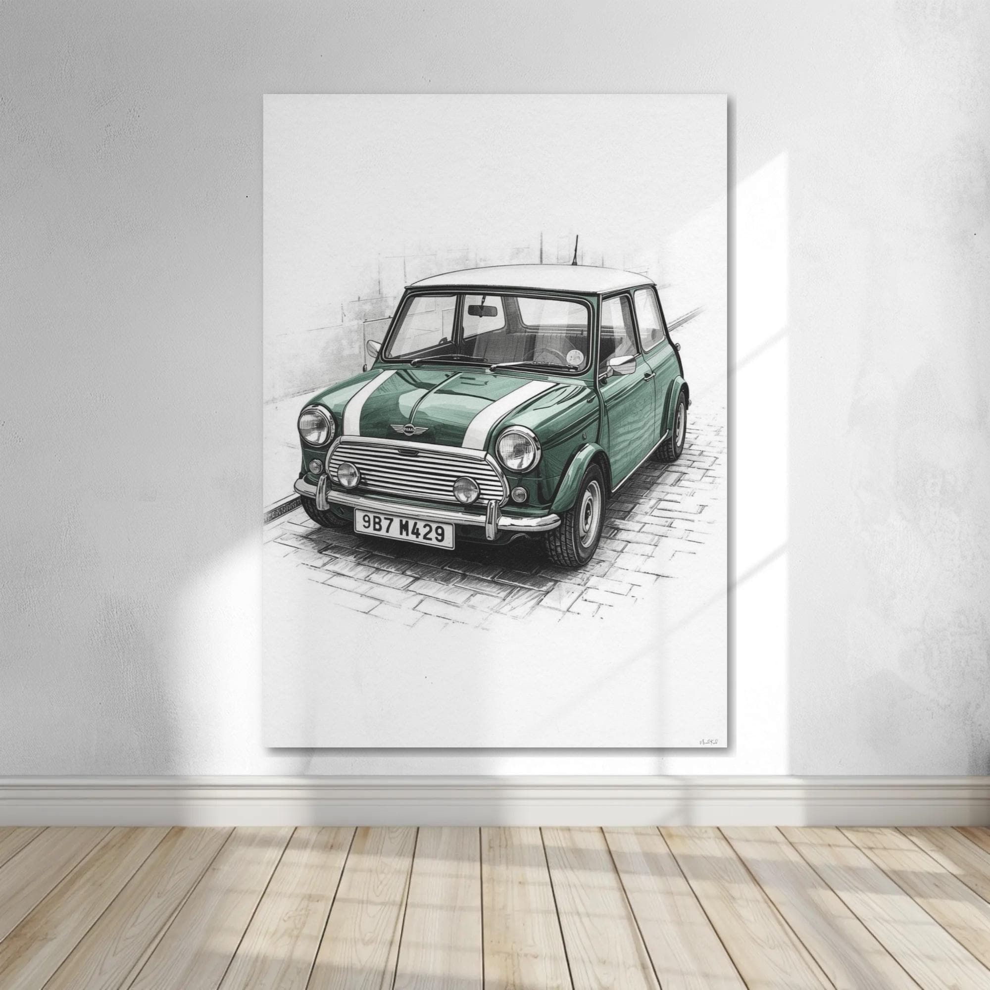 Classic Mini Cooper Wall Art – British Racing Green Sketch Poster With ...