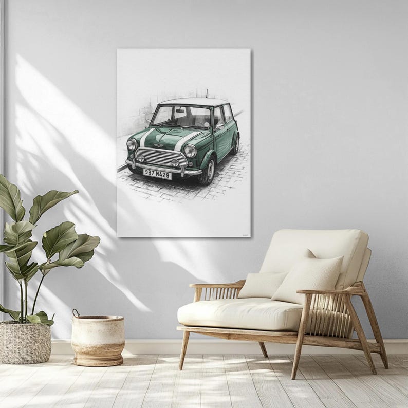 Classic Mini Cooper Wall Art – British Racing Green Sketch Poster With ...