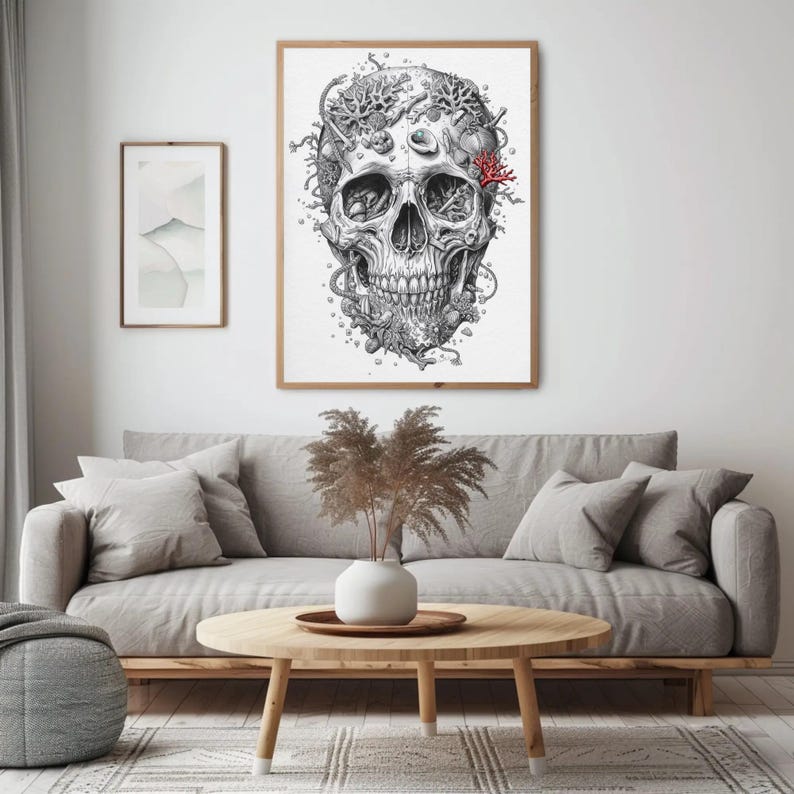 Coral Skull Print, Gothic Ocean Wall Art, Surreal Marine Sketch Poster ...