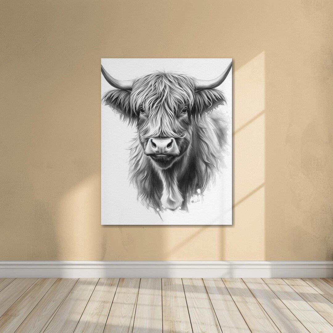 Highland Cow Pencil Sketch – Realistic Scottish Highland Cattle Wall ...