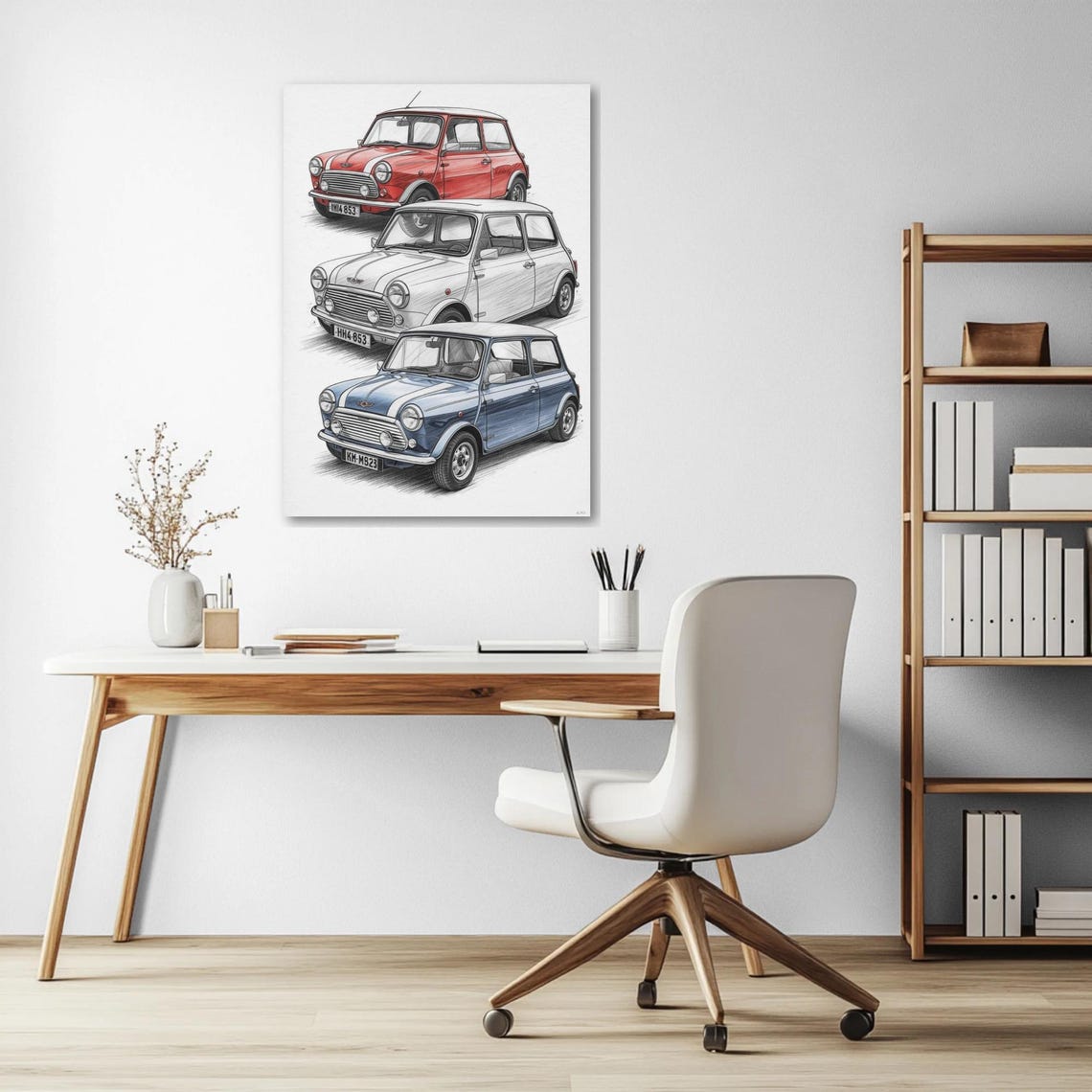 Classic Mini Cooper Wall Art – Retro Car Sketch Poster With Red, White ...