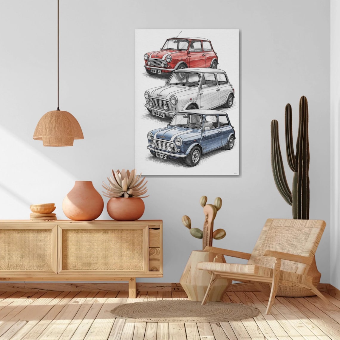 Classic Mini Cooper Wall Art – Retro Car Sketch Poster With Red, White ...