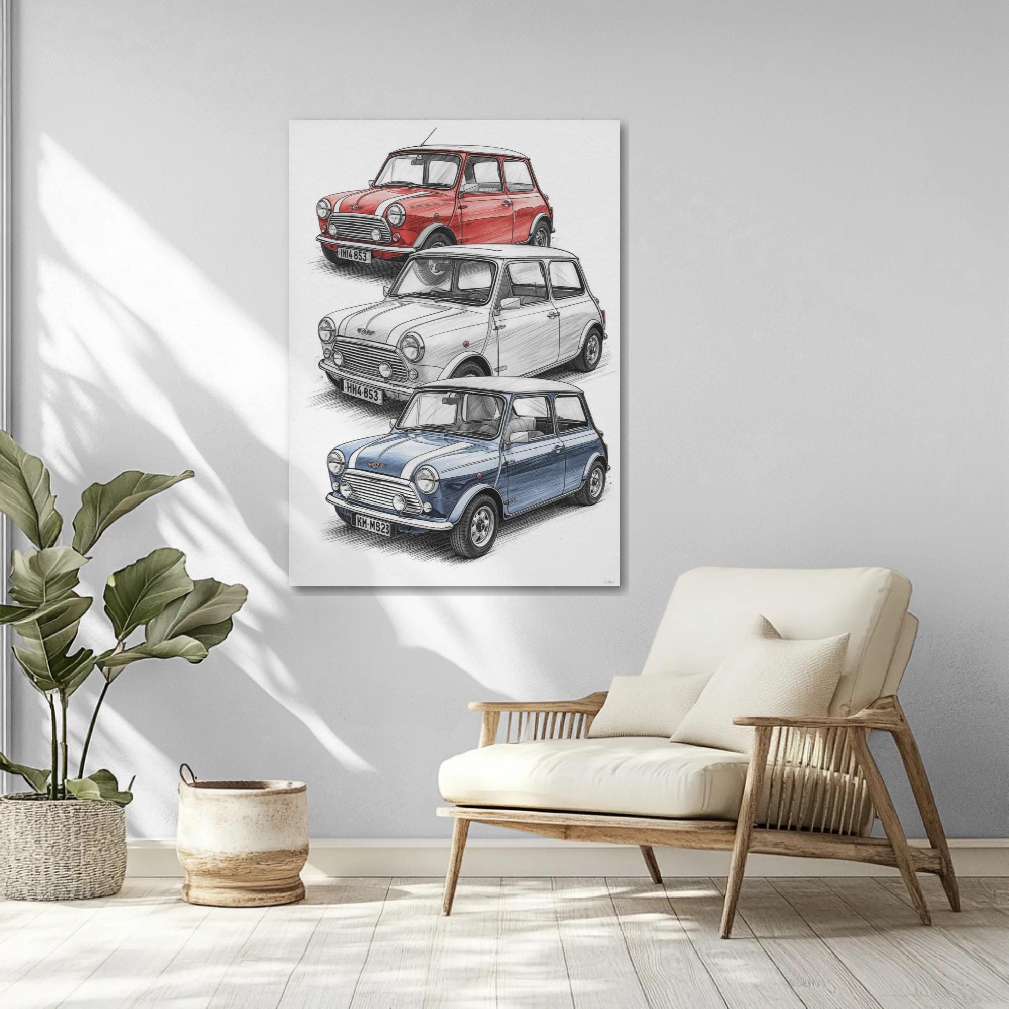 Classic Mini Cooper Wall Art – Retro Car Sketch Poster With Red, White ...
