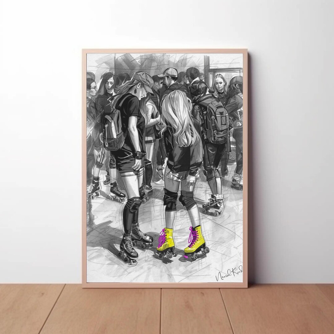 Retro Roller Rink Sketch Poster – Pencil Drawing With Single Coloured ...