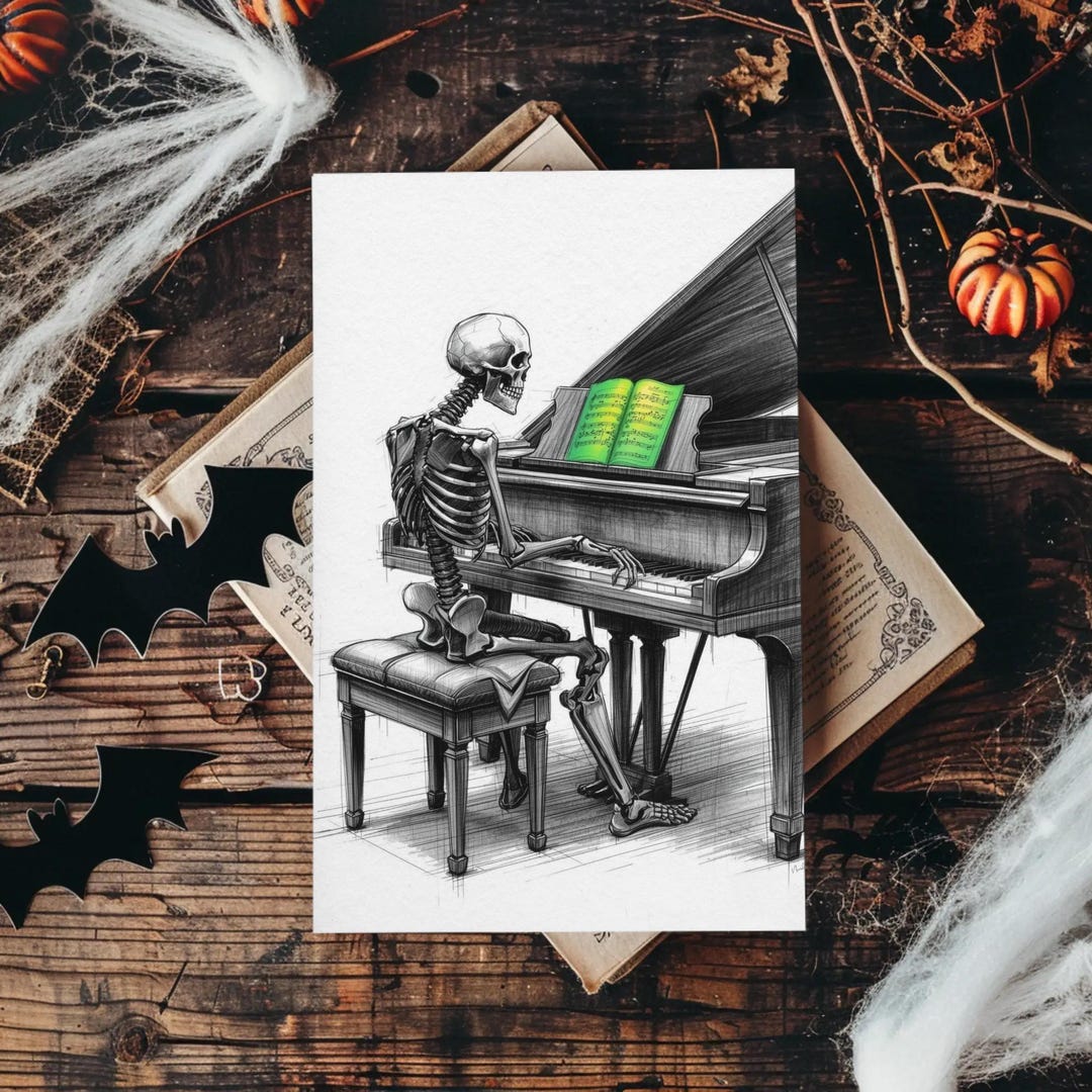 Skeleton Piano Sketch Poster – Gothic Halloween Wall Art With Green ...