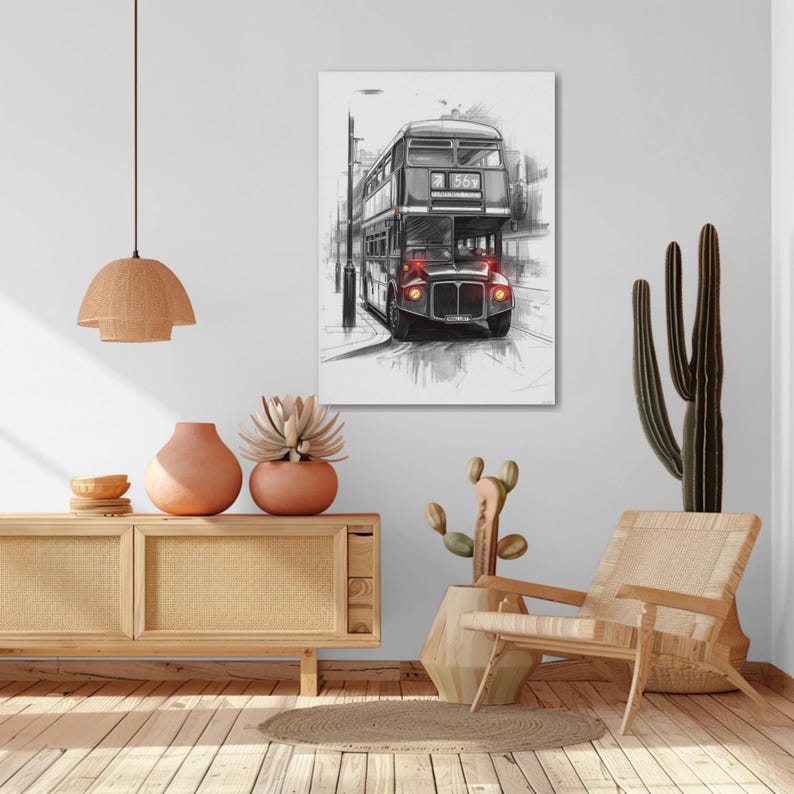 London Double Decker Bus Wall Art – Retro Sketch Poster With Red Light ...
