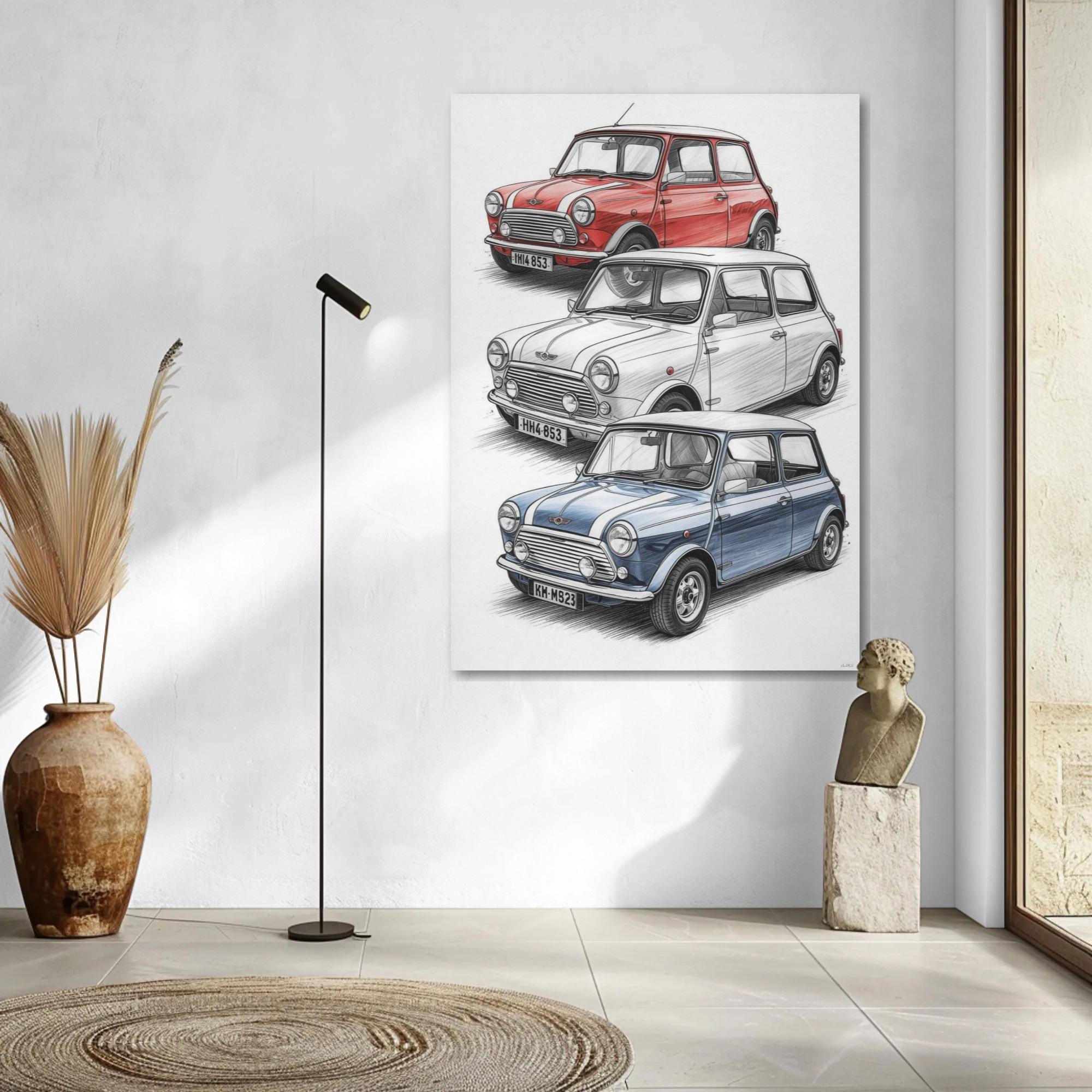 Classic Mini Cooper Wall Art – Retro Car Sketch Poster With Red, White ...