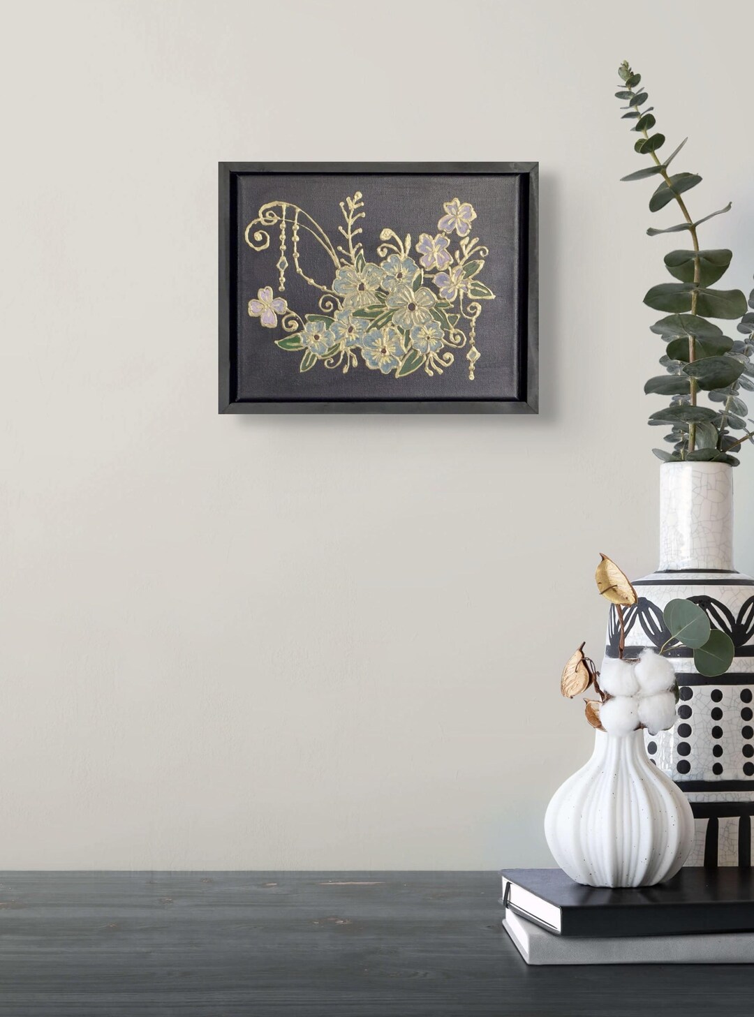 Gold Floral Painting on Navy Canvas, 8x10 Framed Textured Wall Art ...