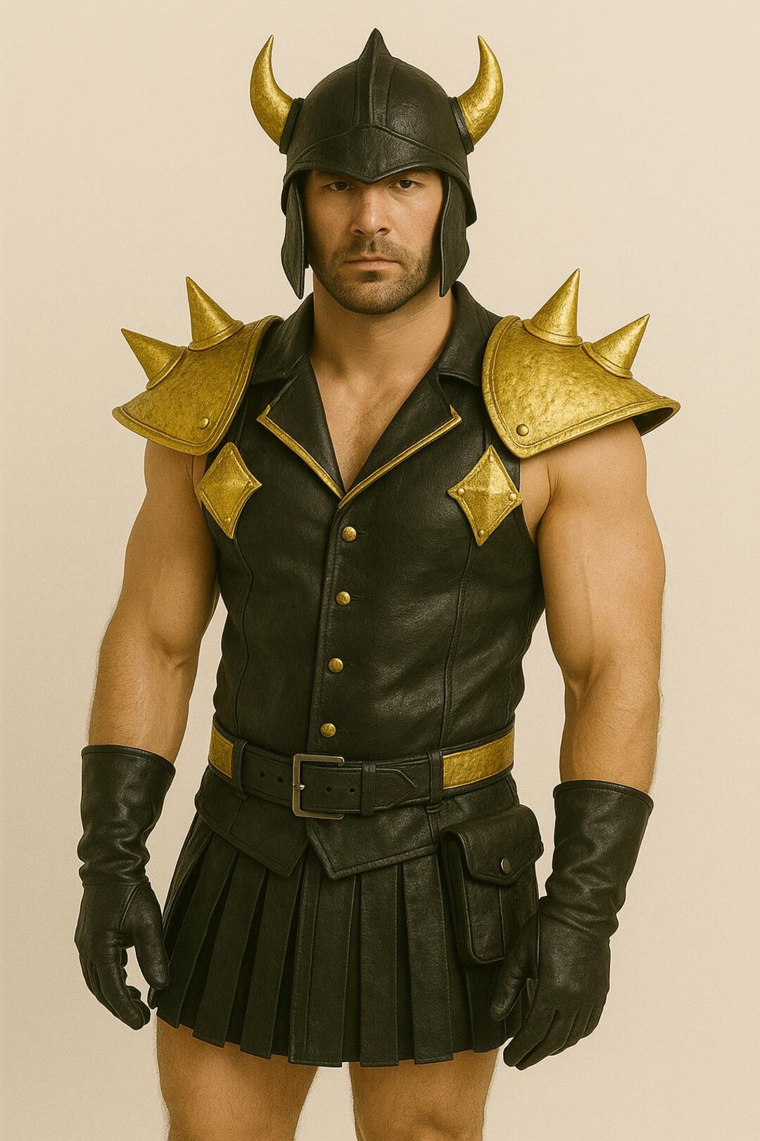 Real Leather Warrior Costume: Gold Spiked Shoulders & Viking Helmet - Etsy