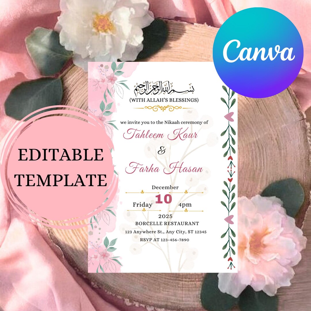 Editable Islamic Nikkah Invitation Template | Muslim Wedding Walima ...