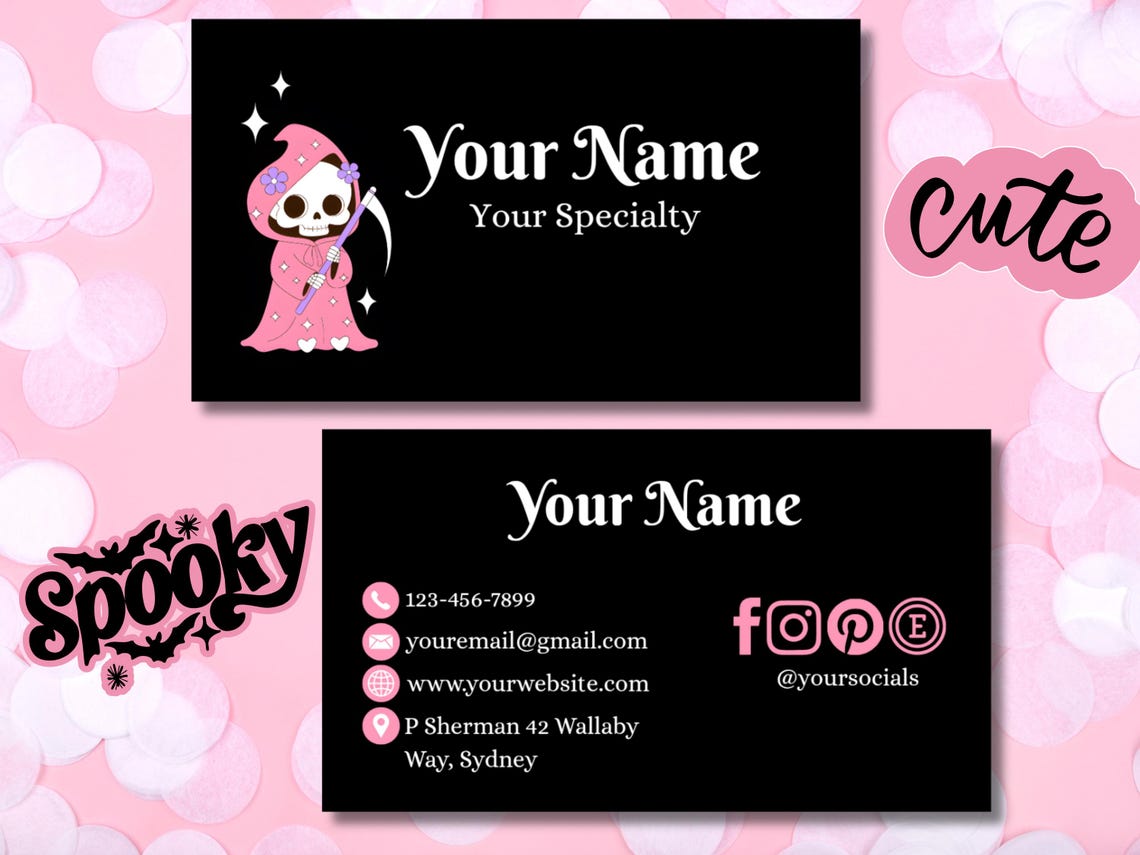 Cute Goth Business Card Template | Pink Grim Reaper | Kawaii Gothic ...