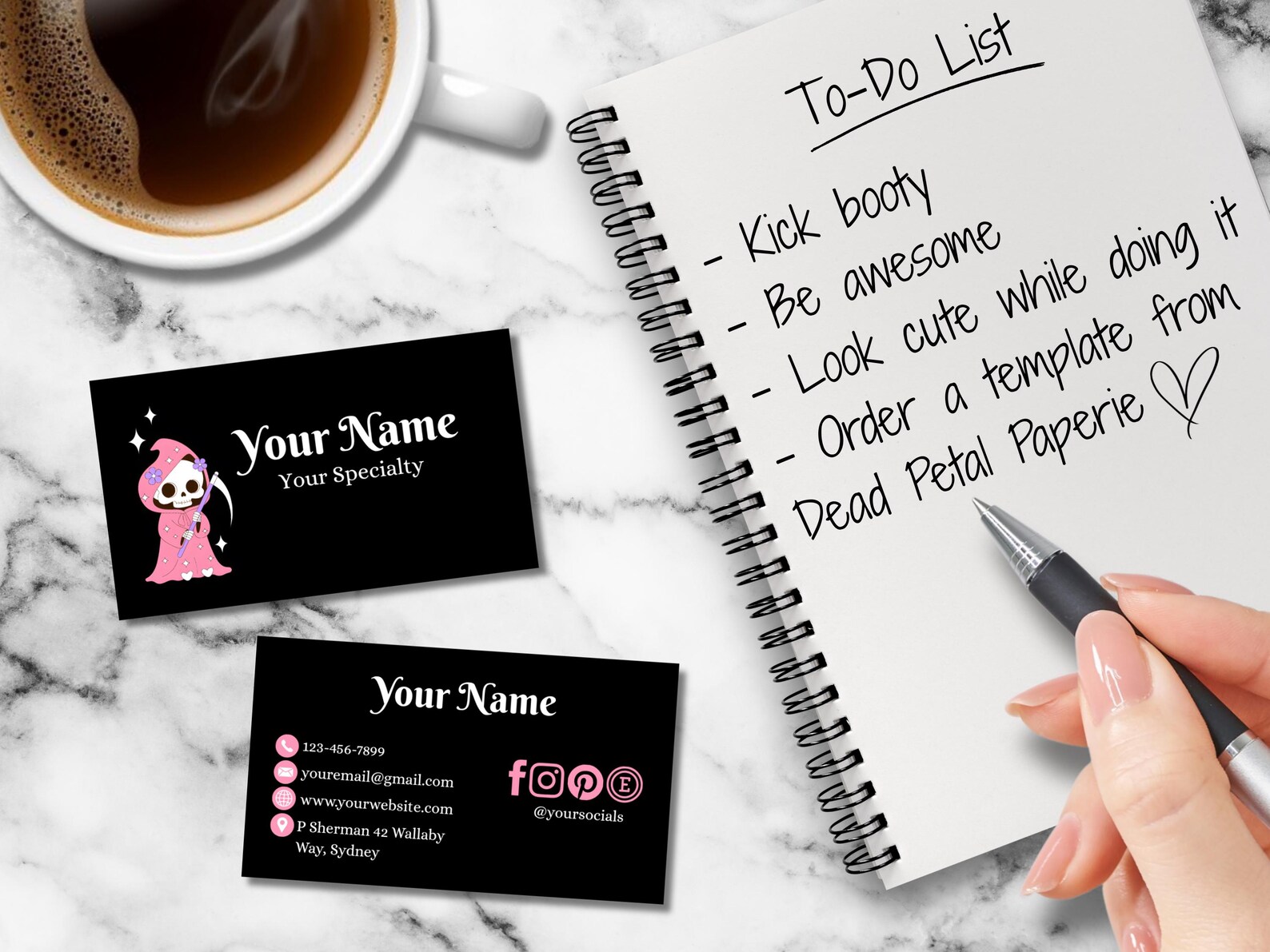 Cute Goth Business Card Template | Pink Grim Reaper | Kawaii Gothic ...