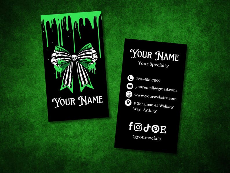 Lime Green Drip Business Card Template • Goth Skull Bow (instant ...