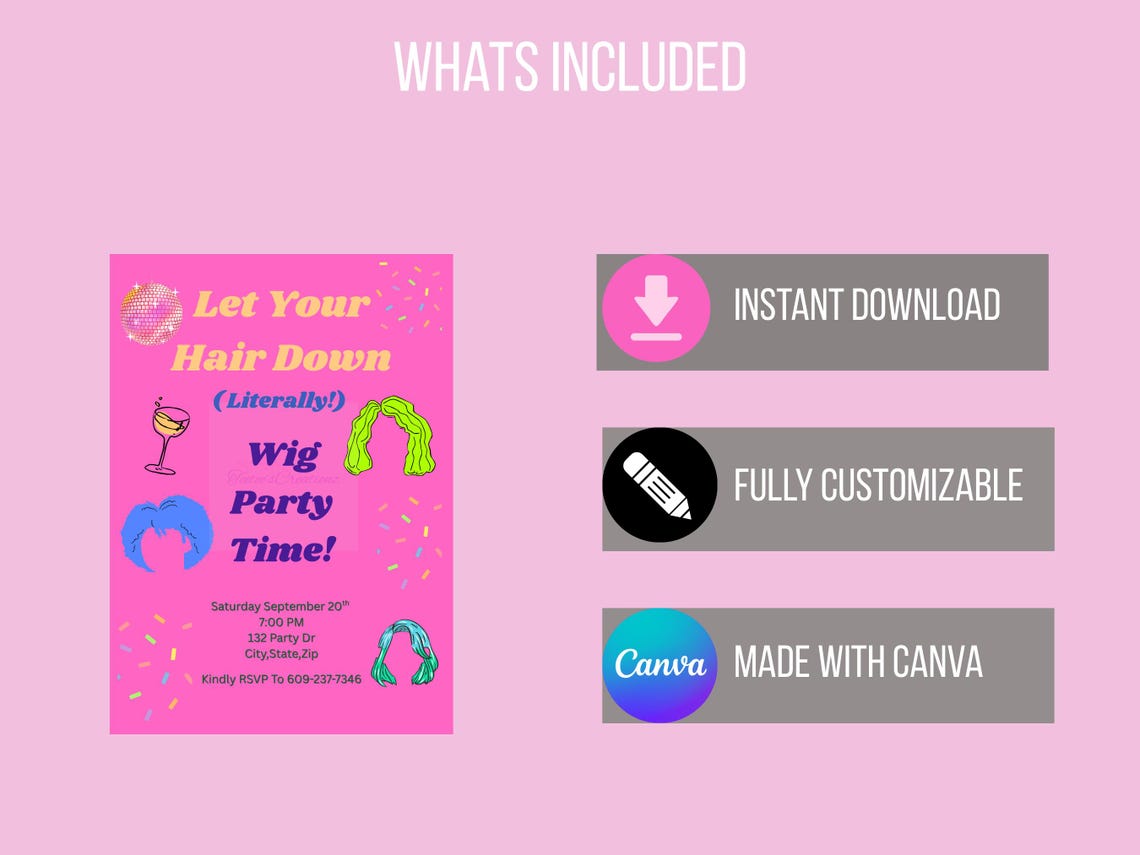 Editable Wig Party Invitation: Costume Birthday, Girls Night (5x7in ...