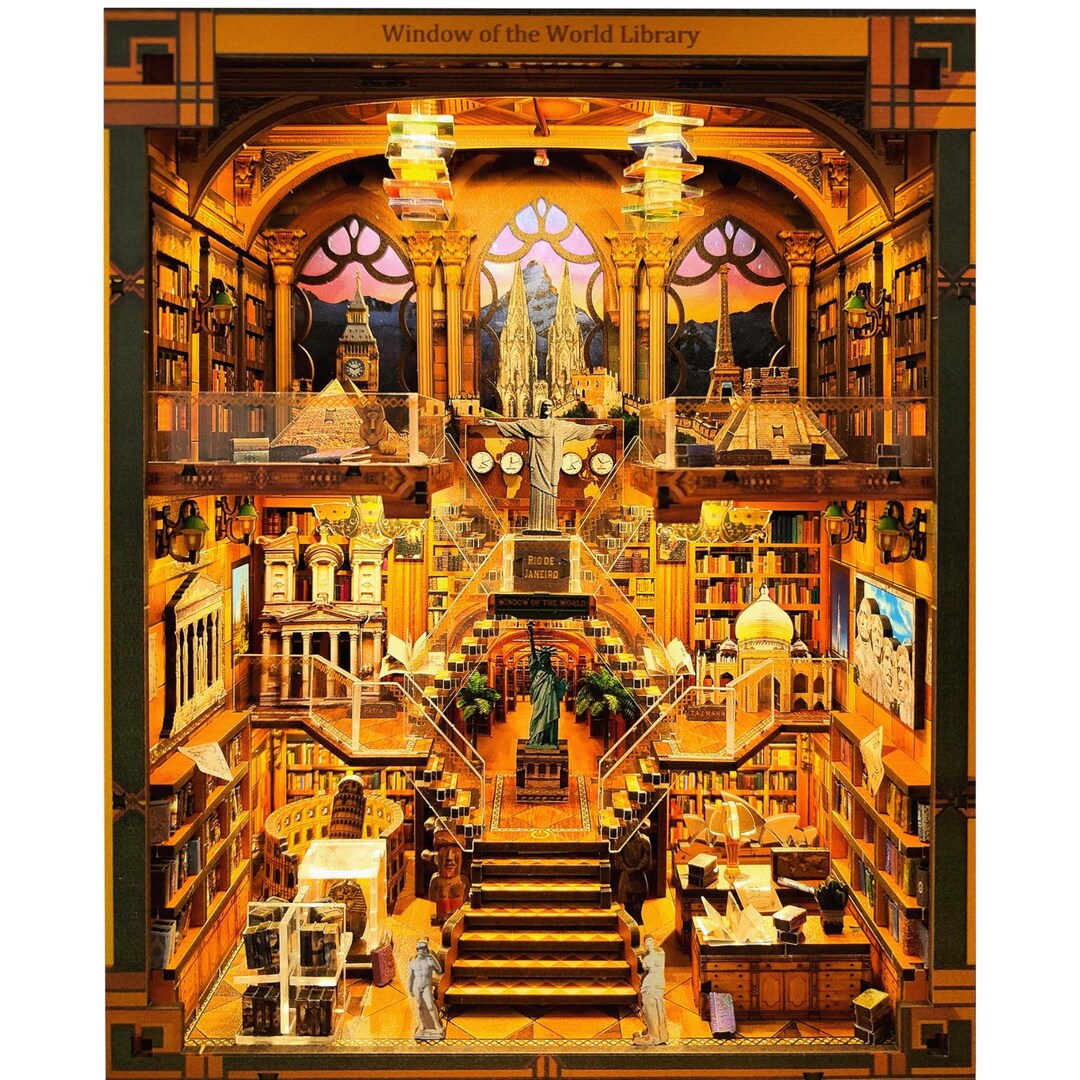 Completed World Library Book Nook: 3D Wooden Bookshelf Insert With LED ...