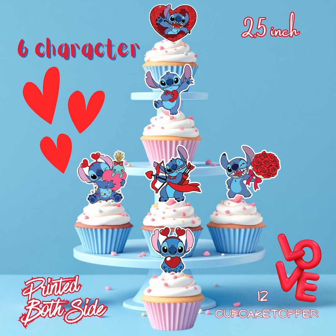 Stitch Cupcake Toppers Love Theme | Valentine Cupcake Toppers | Stitch ...