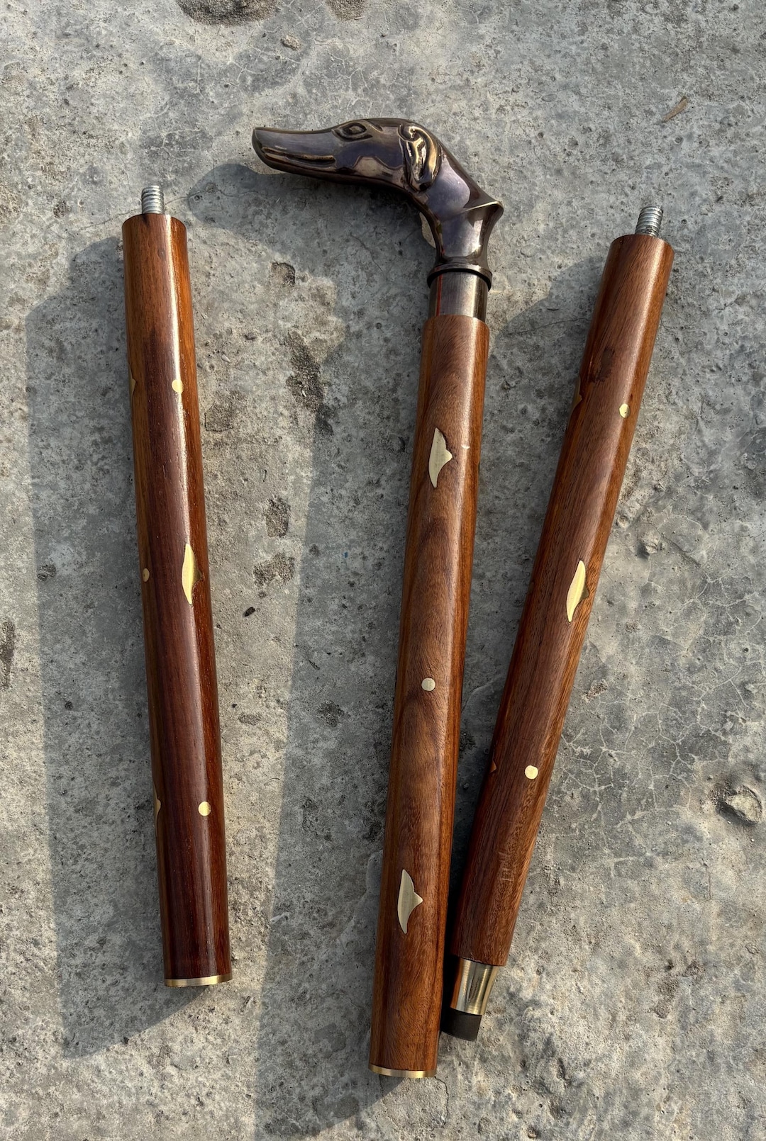 Handcrafted Wooden Walking Cane – Brass Dog Head Handle, 3-piece - Etsy