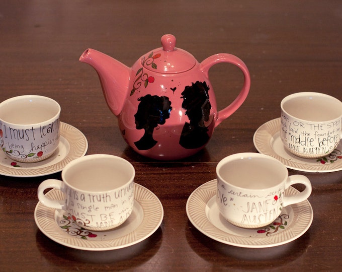 Pride and Prejudice Tea Set - Jane Austen Quotes - Hand Painted - Rose ...