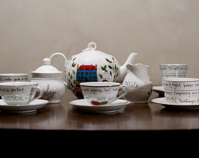 Jane Austen Tea Set - Hand Painted, White Teapot With Vintage Cups and ...