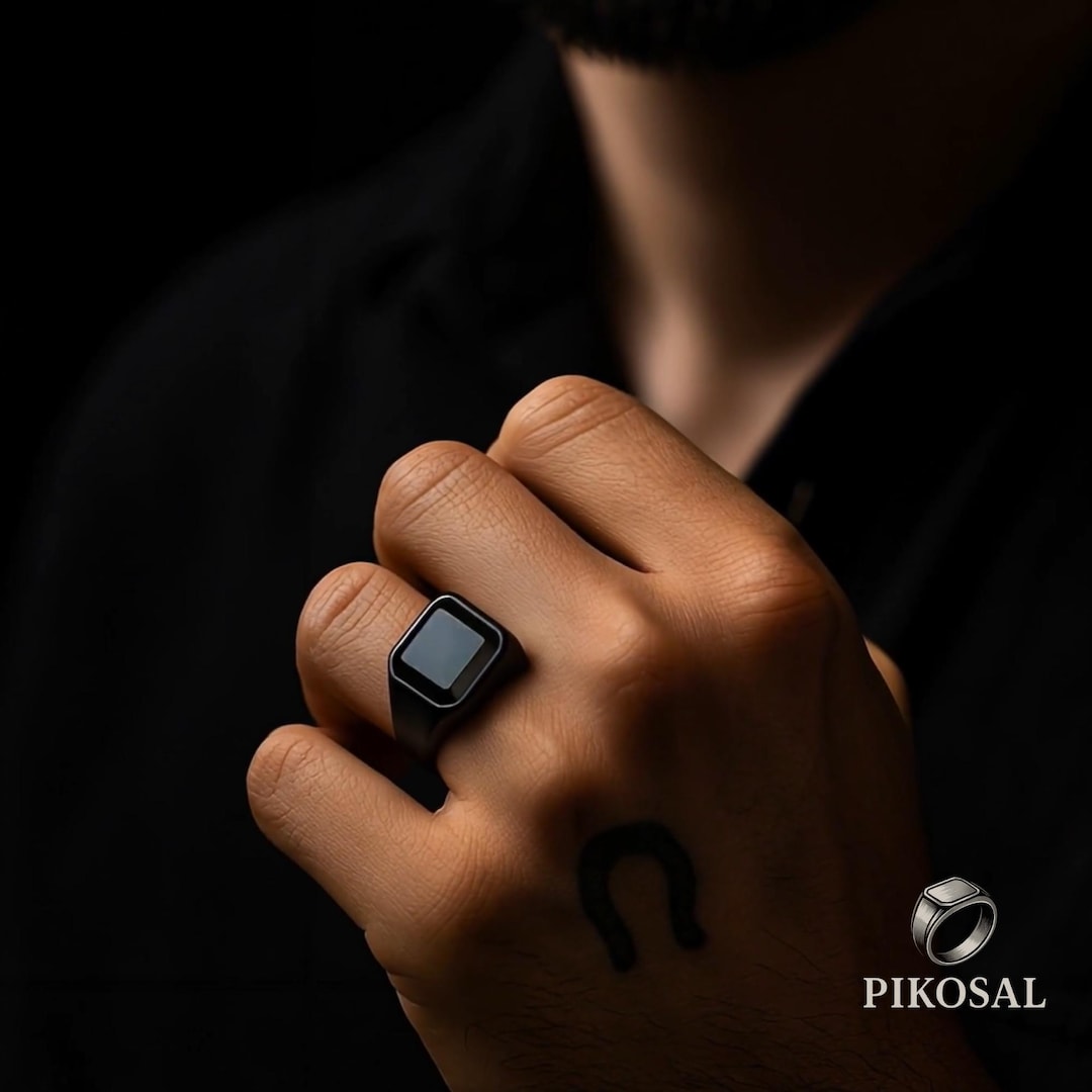 Men's Matte Black Stainless Steel Signet Ring - Bold Square Design ...