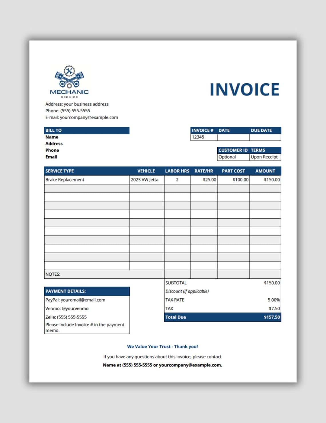 Mechanic Invoice Template | Client-ready Auto Repair Receipt | Google ...