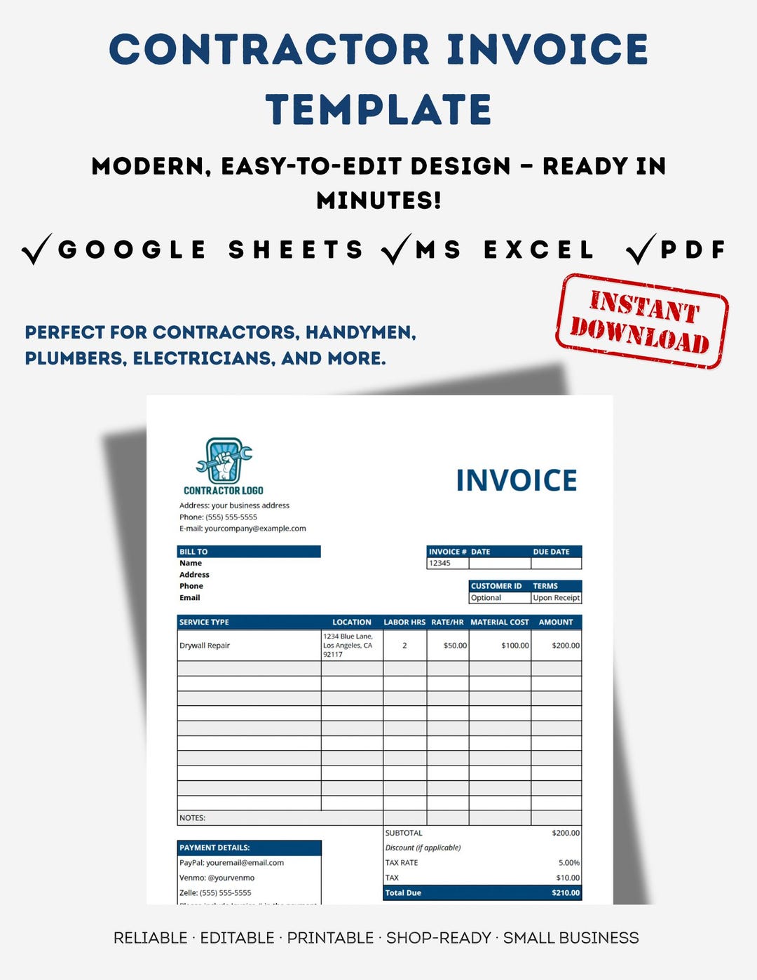 Contractor Invoice Template | Google Sheets & Excel | Auto-calculating ...