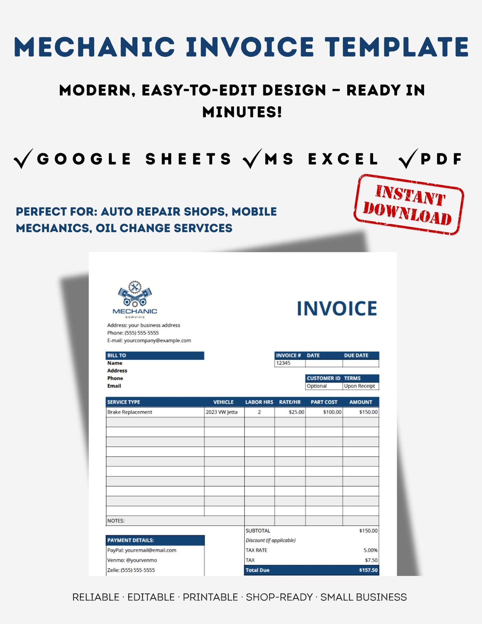Mechanic Invoice Template | Client-ready Auto Repair Receipt | Google ...