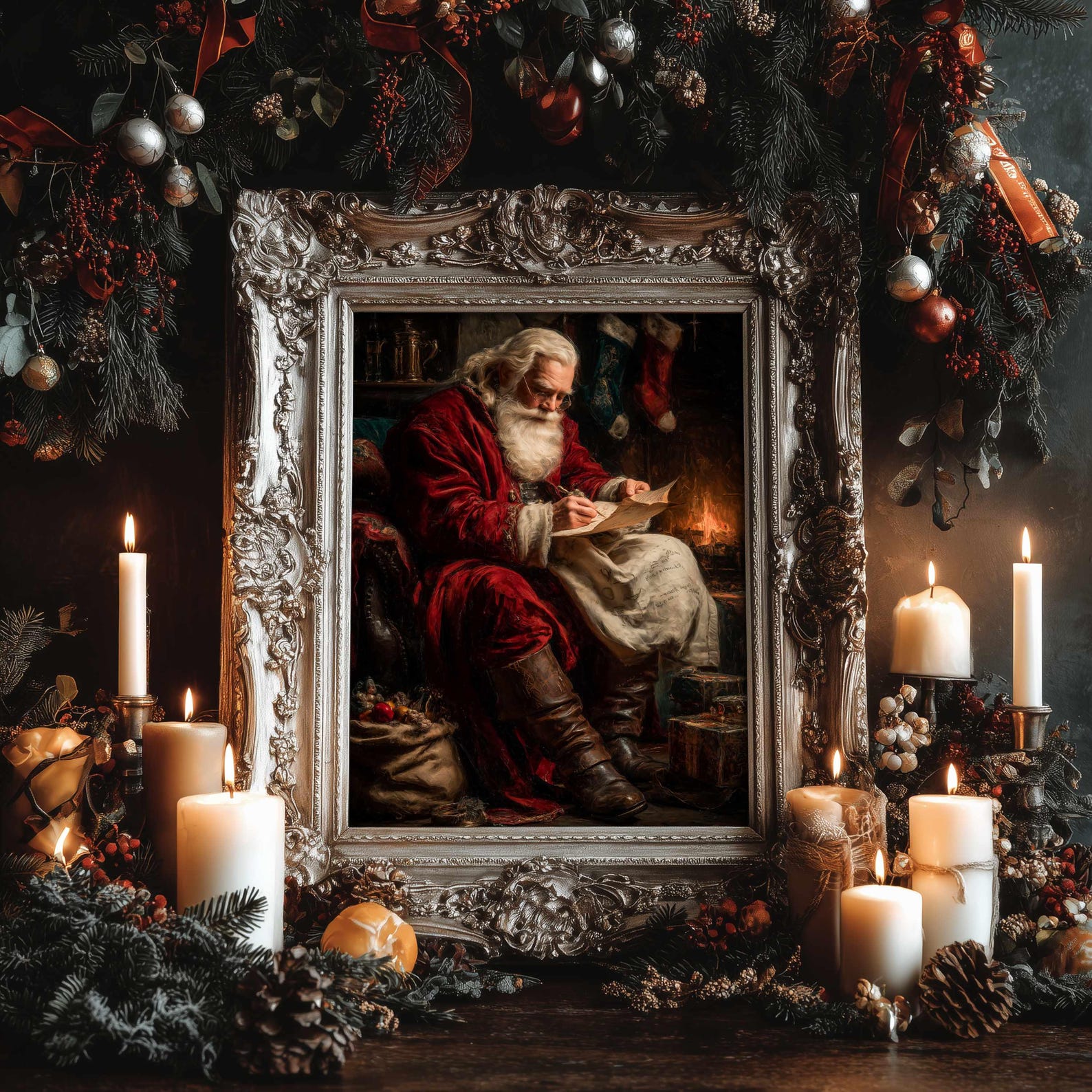 Father Christmas by the Fireplace | Vintage Santa Printable Wall Art ...