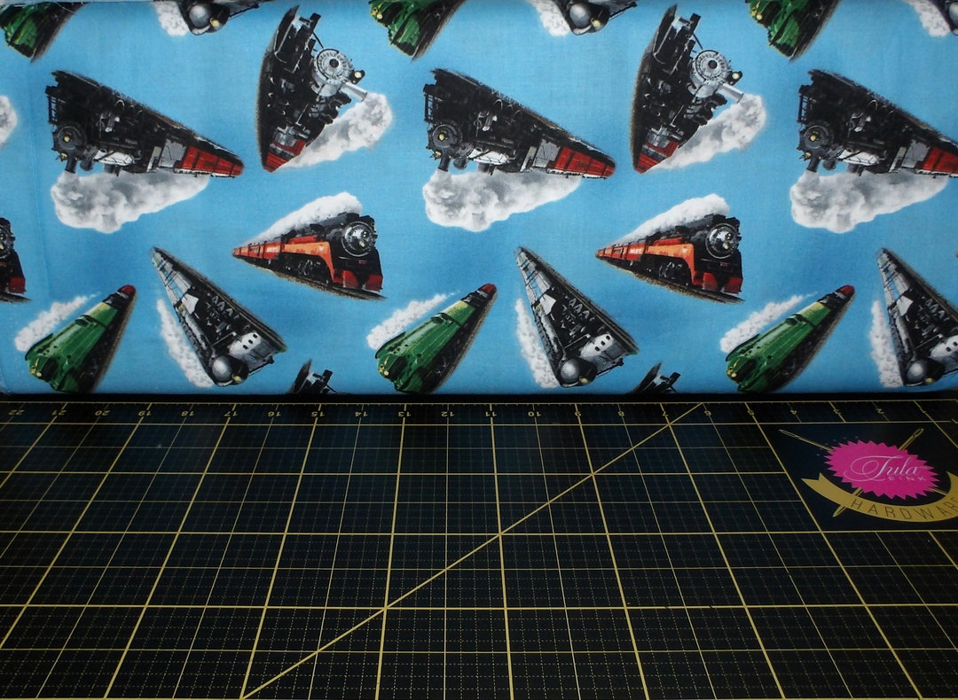Blank Quilting. on the Right Track. Trains Light Blue - Realistic Train ...