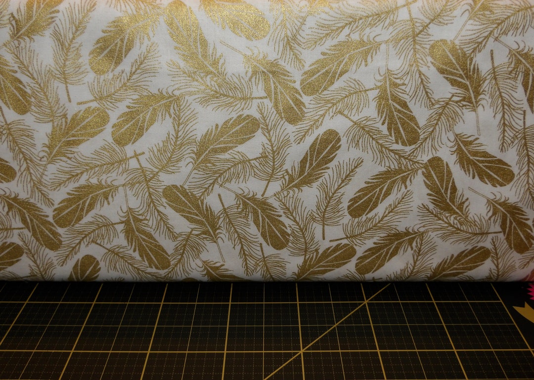 Windham Fabrics. Precious Metal Nature. Feathers White W/gold METALLIC ...