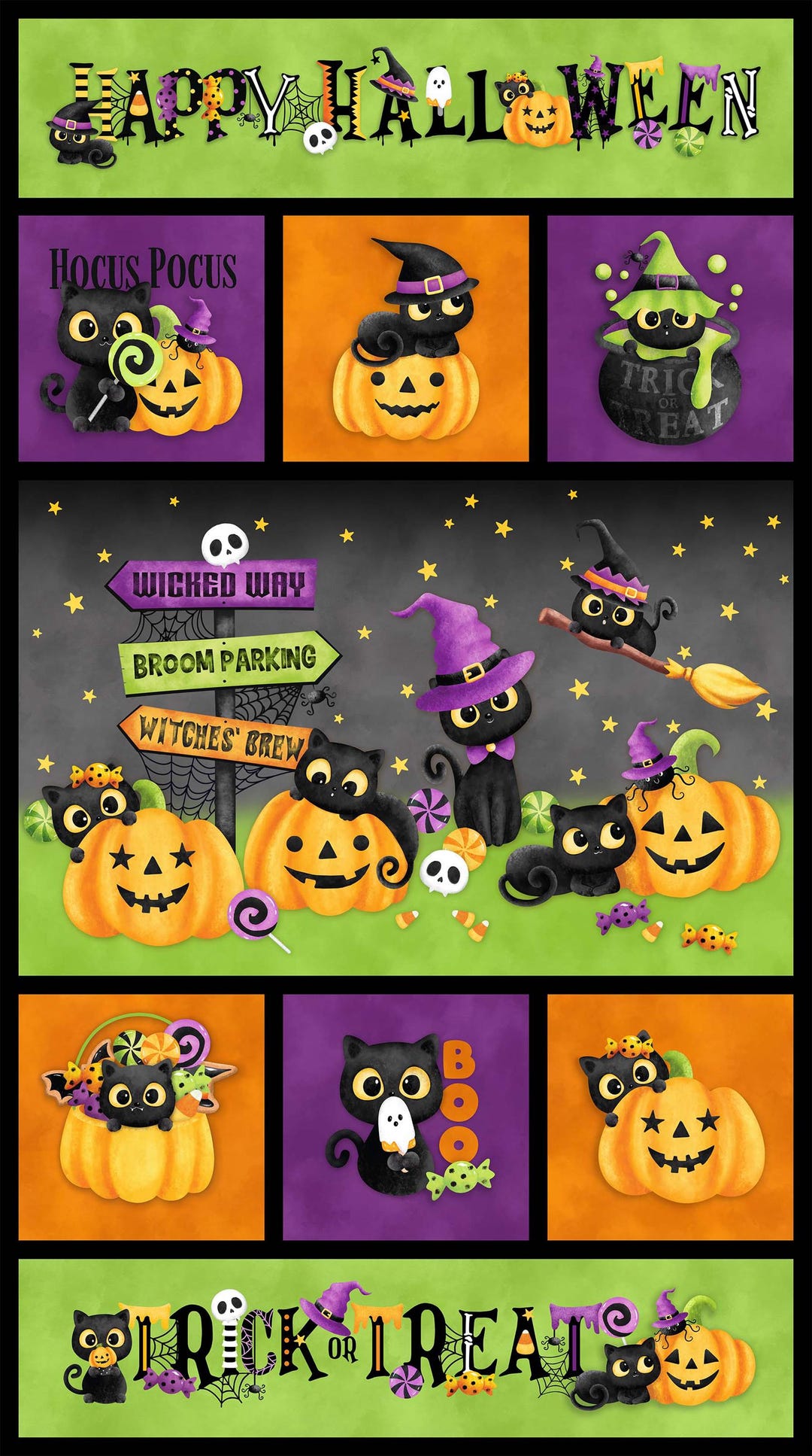 Northcott. Double Bubble Kitty Trouble. Halloween Panel Black 2/3 Yd - Etsy